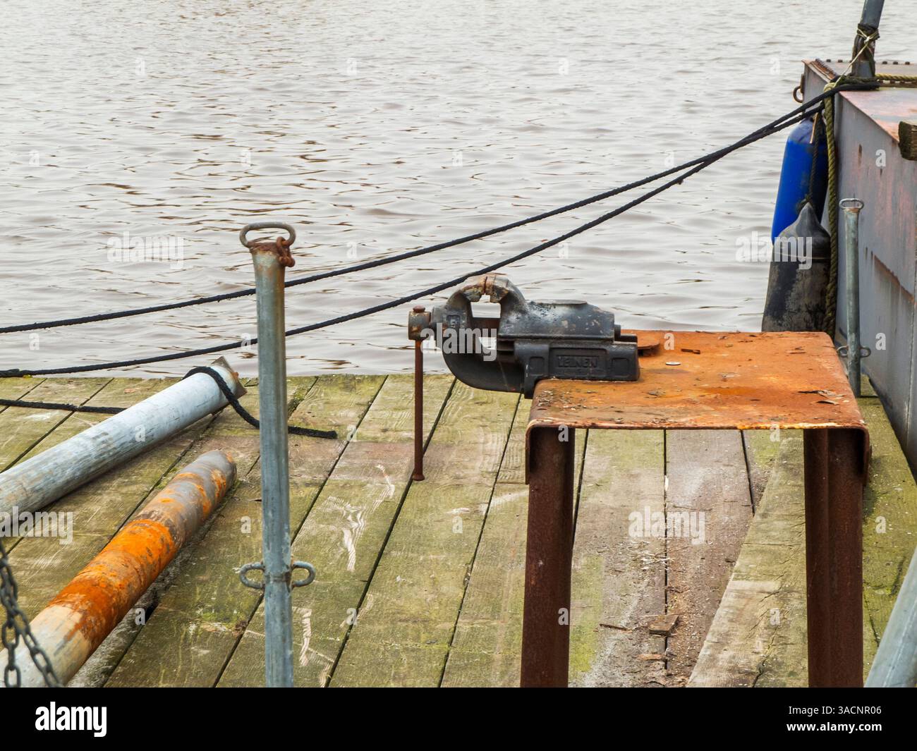 Vice on a pontoon in a small shipyard in northern Germany Stock Photo ...