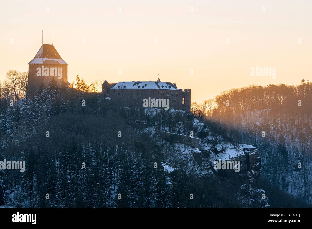 Panoramic image of Nideggen castle during sunrise, Eifel, North Rhine ...