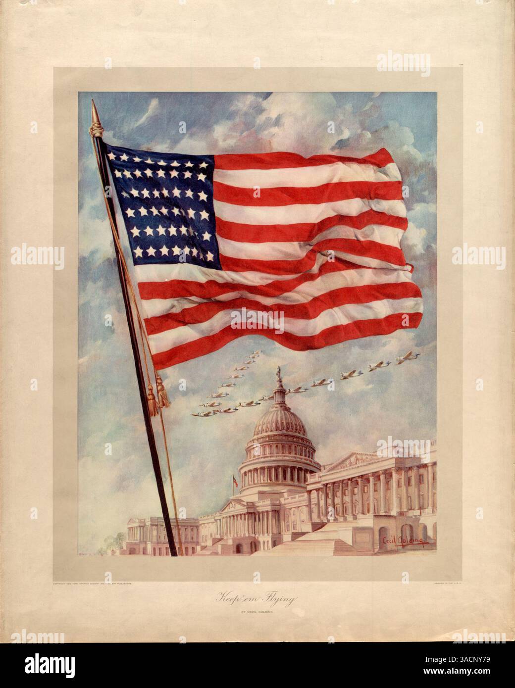 This wartime image features an American flag with warplanes flying in a ...