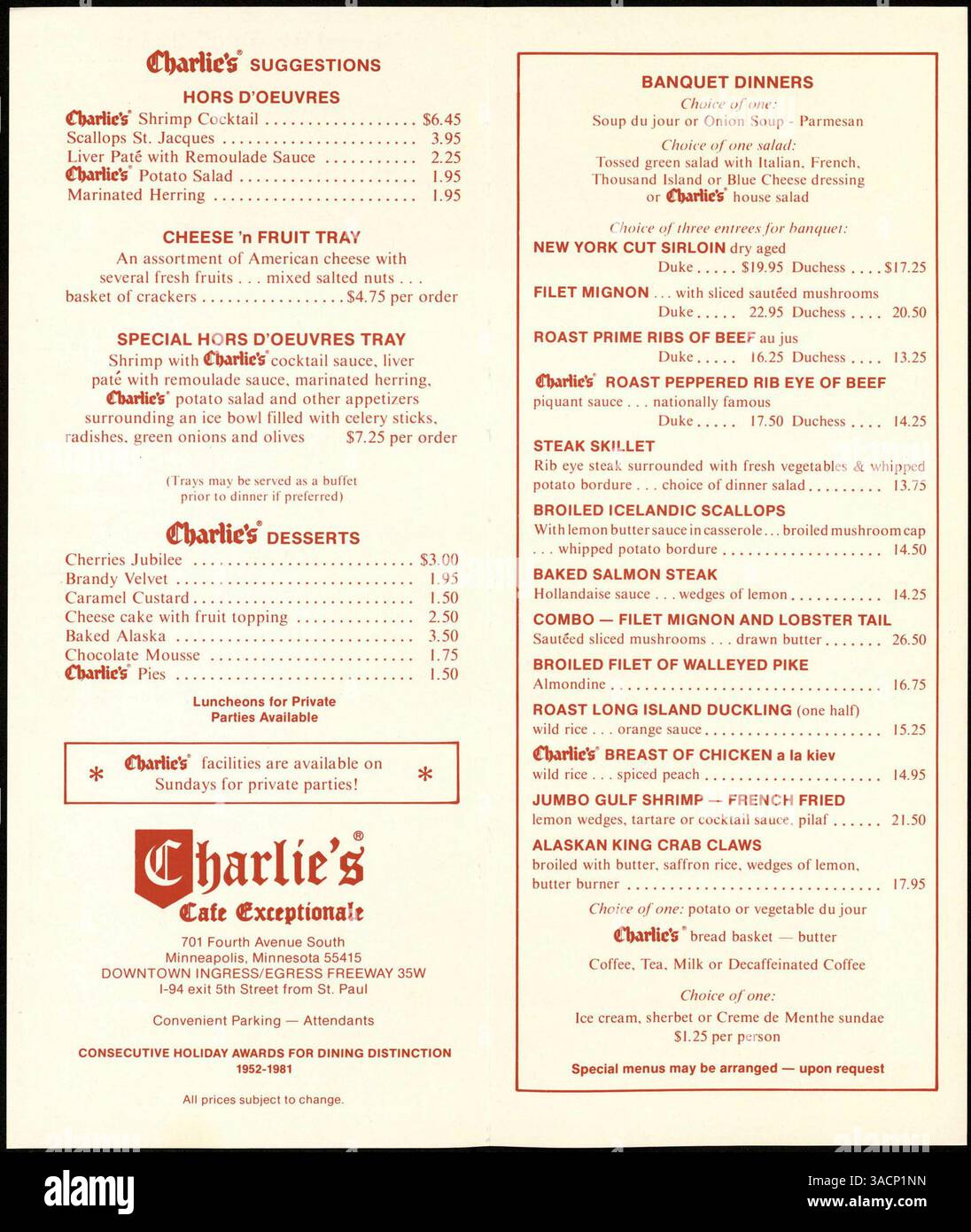 The Charlie's Cafe Exceptionale banquet menu presents a variety of ...