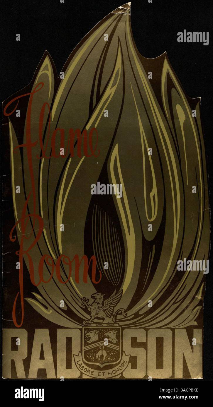 The Flame Room menu features a cut-out cover in gold, brown, yellow ...