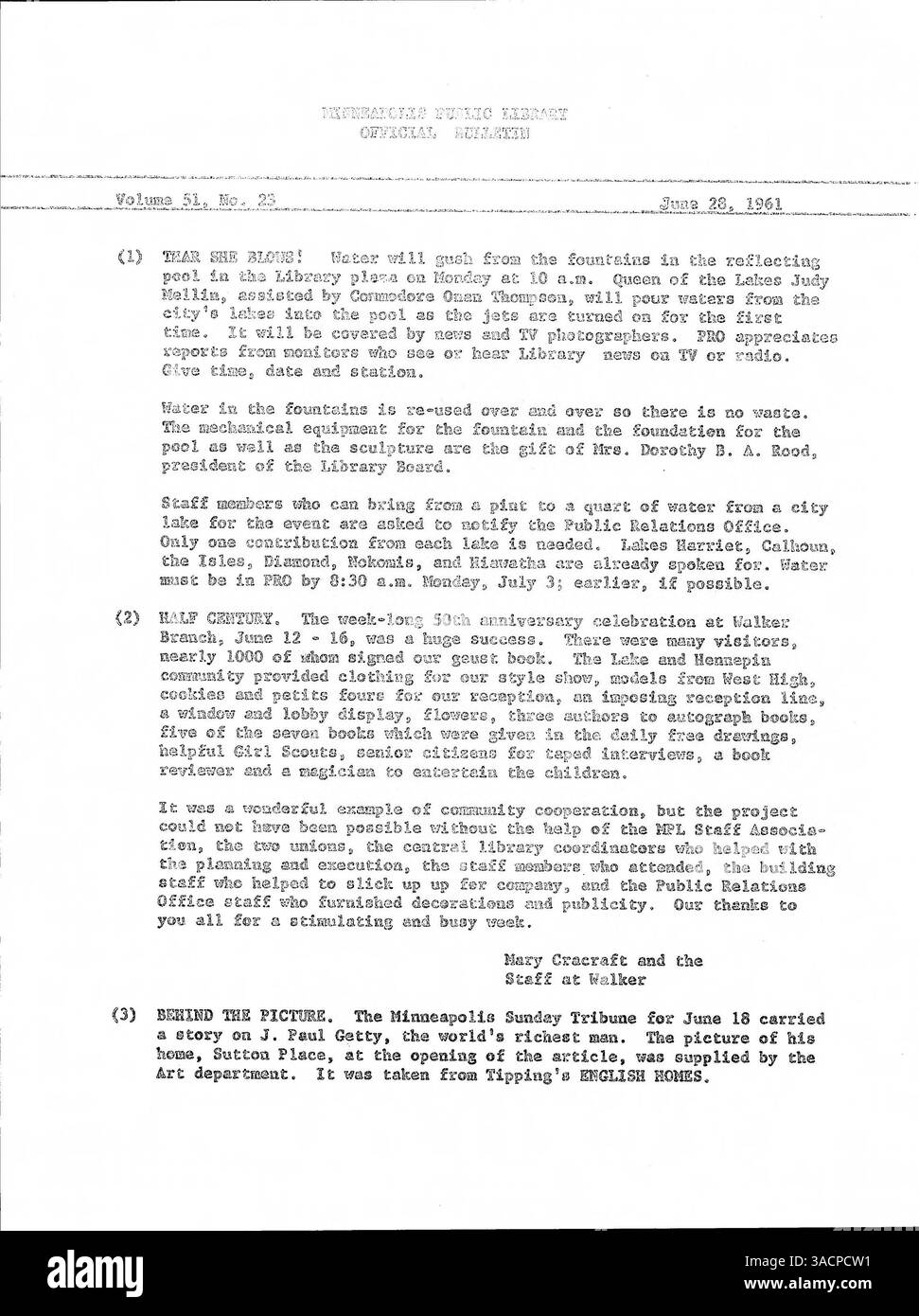 Minneapolis Public Library's 1961 weekly bulletin informs employees ...