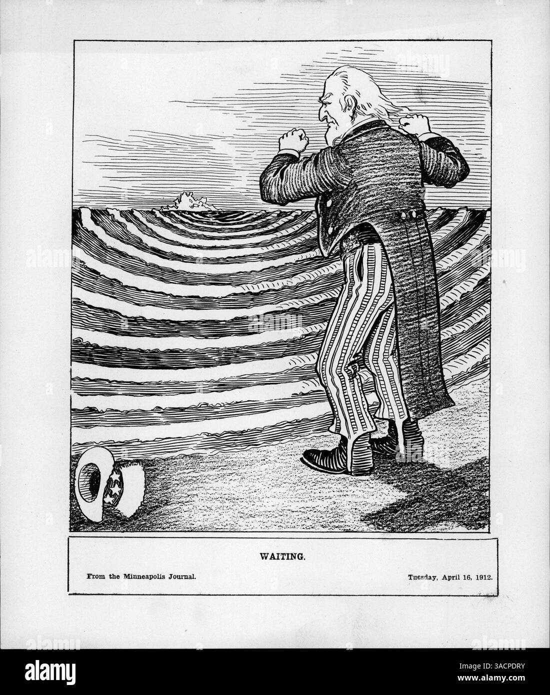 The cartoon titled 'Waiting' depicts a frustrated Uncle Sam standing on ...