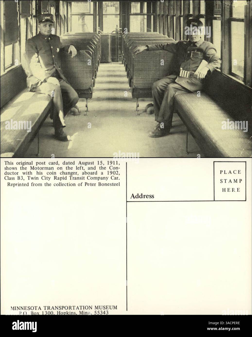 This postcard shows a 1911 image of a motorman and conductor aboard a ...