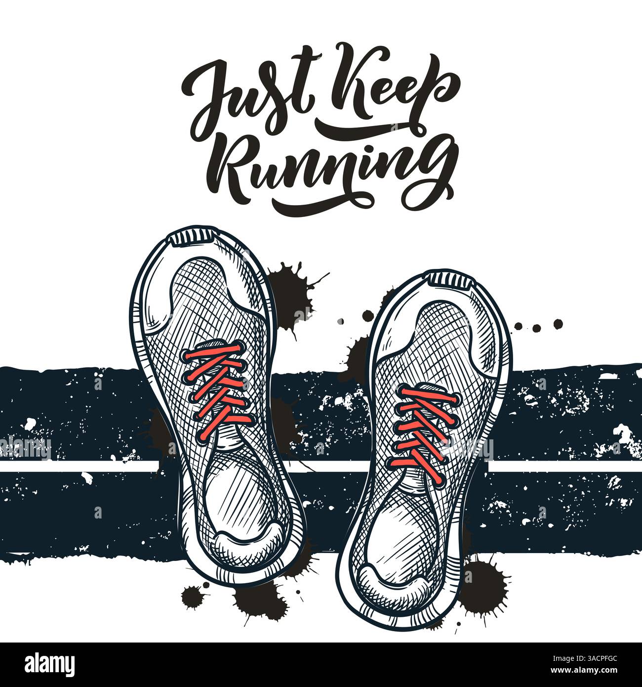 Running sneakers with red shoelaces on road, top view vector sketch ...