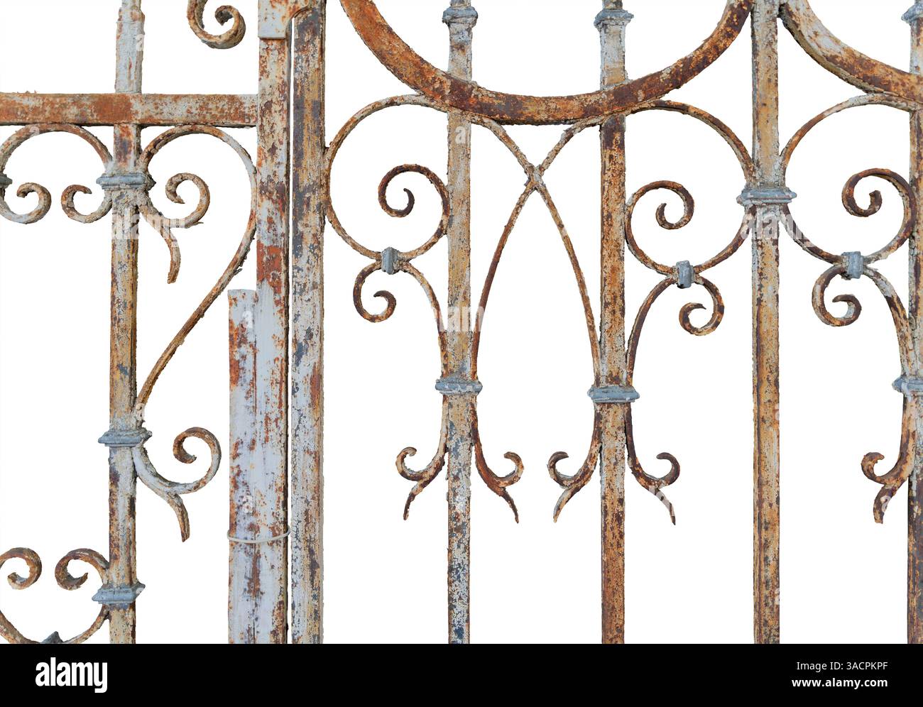 Weathered and rusty wrought iron grating closeup shot isolated in white ...