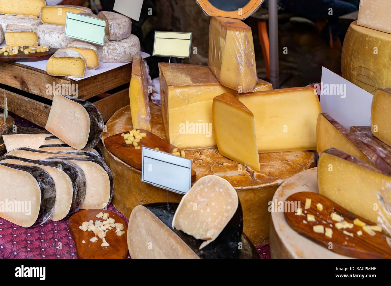 Display with various types of cheese seen in southern France Stock ...