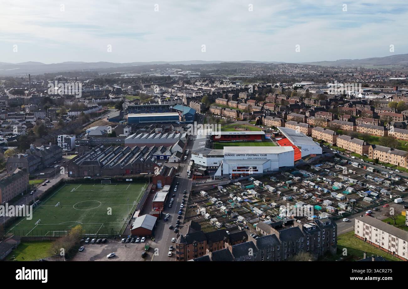 An aerial view of the Scot Foam Stadium at Dens Park (blue) and The ...
