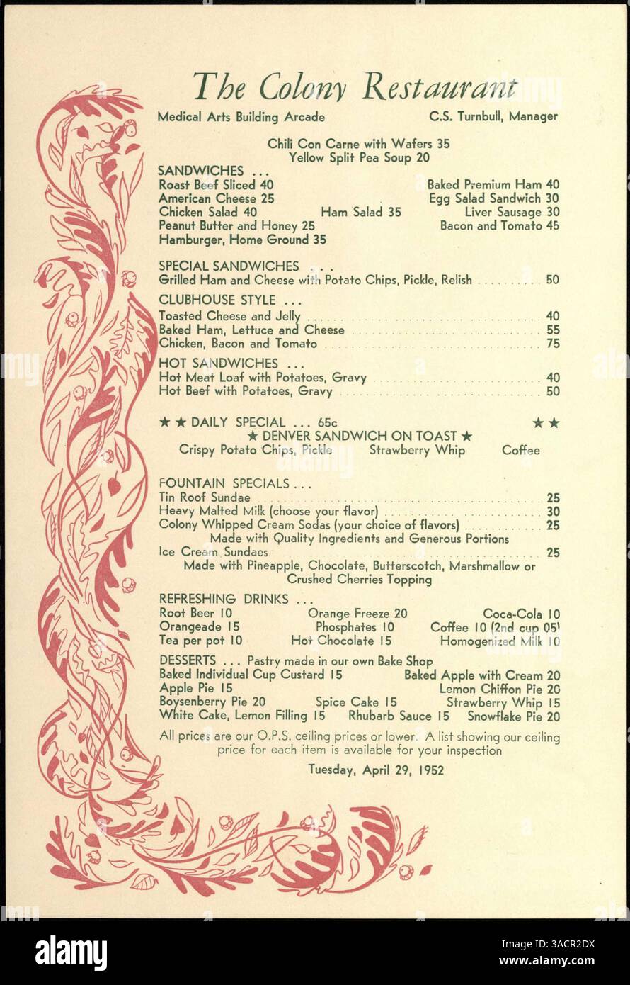 A menu from the Colony Restaurant, featuring a variety of sandwiches ...