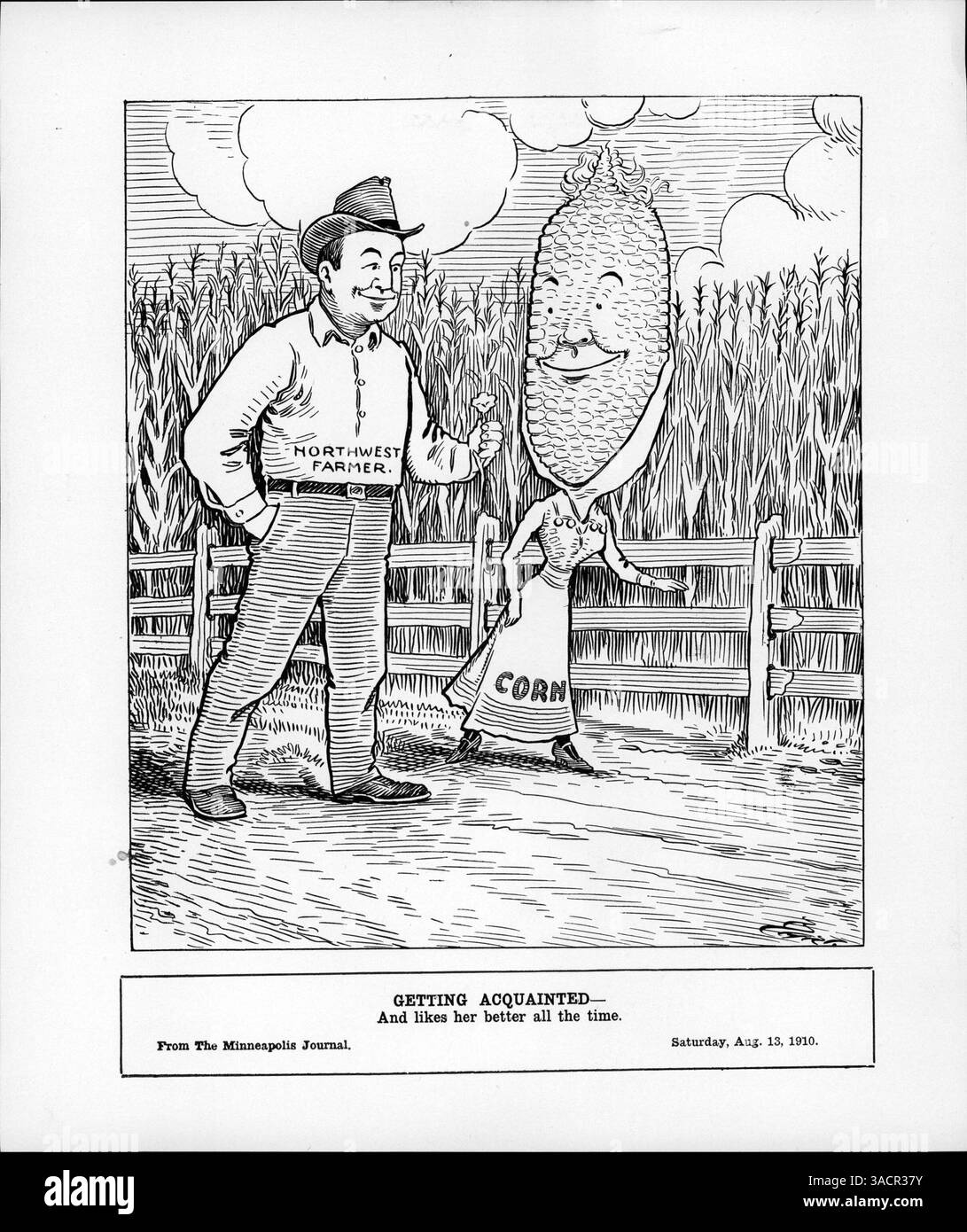 A cartoon depicting a farmer offering a flower to a woman with a head ...