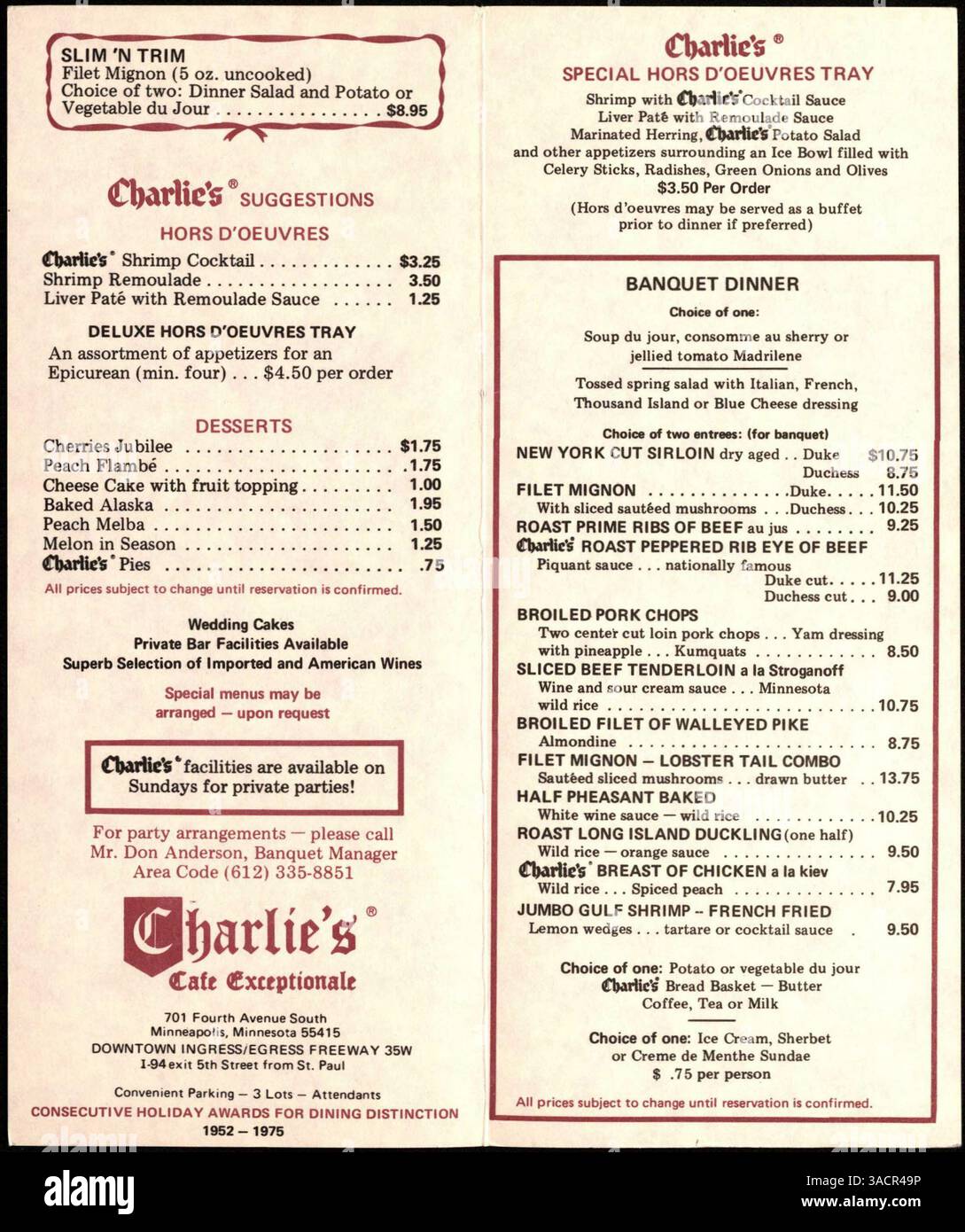 The 1976 banquet menu from Charlie's Cafe Exceptionale offers a variety ...