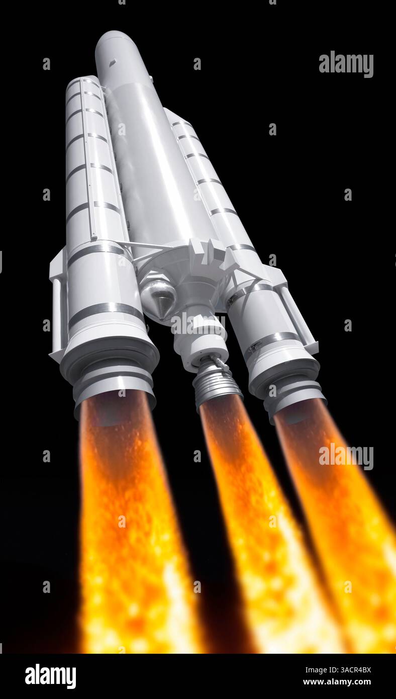 Model of a Ariane rocket with fire backblast in black back Stock Photo ...