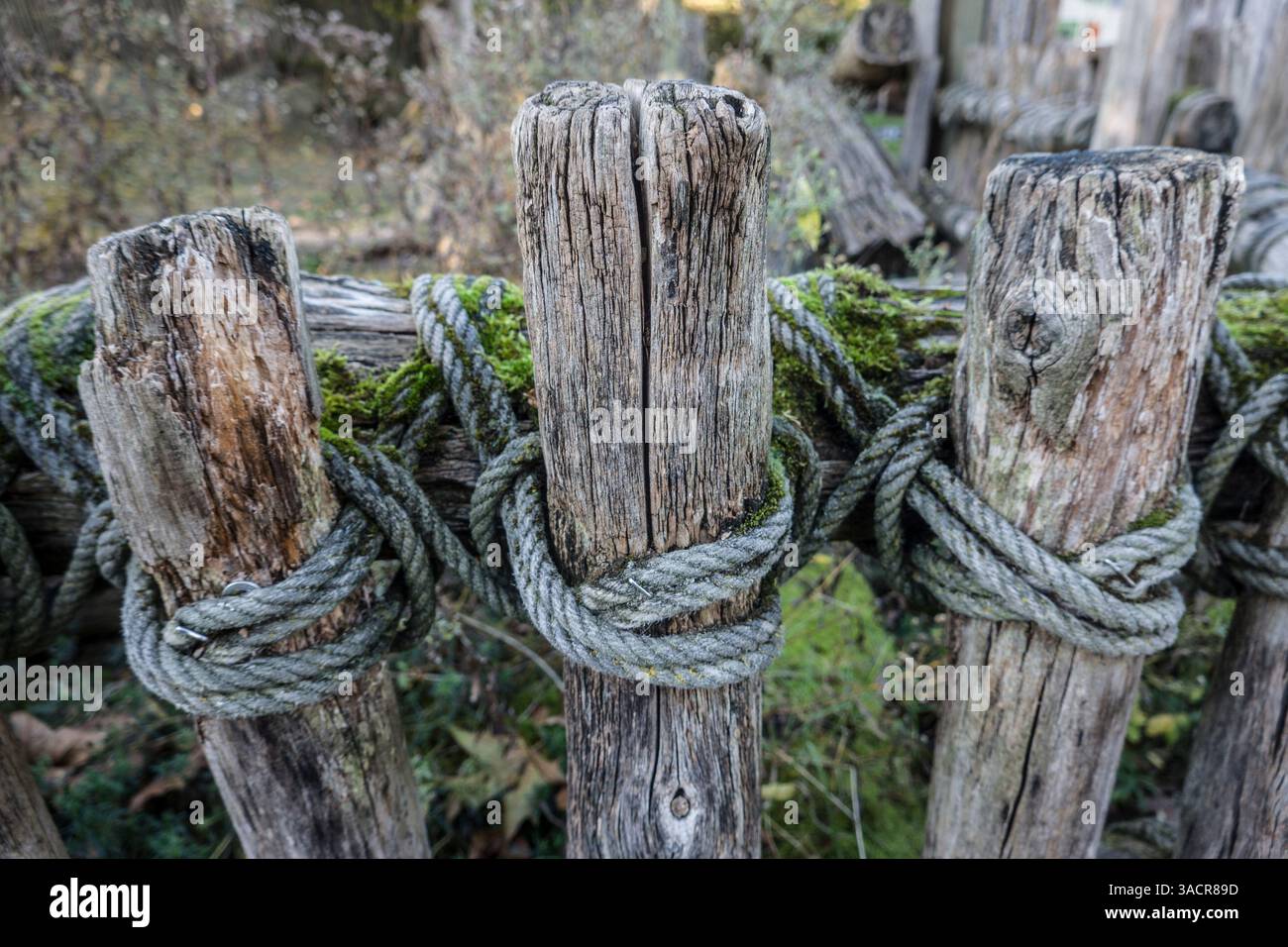 Rustic fence made from wooden slats and a rope Stock Photo - Alamy