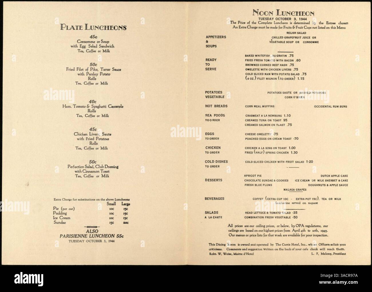 This bi-fold luncheon menu from the Curtis Hotel features a green ...