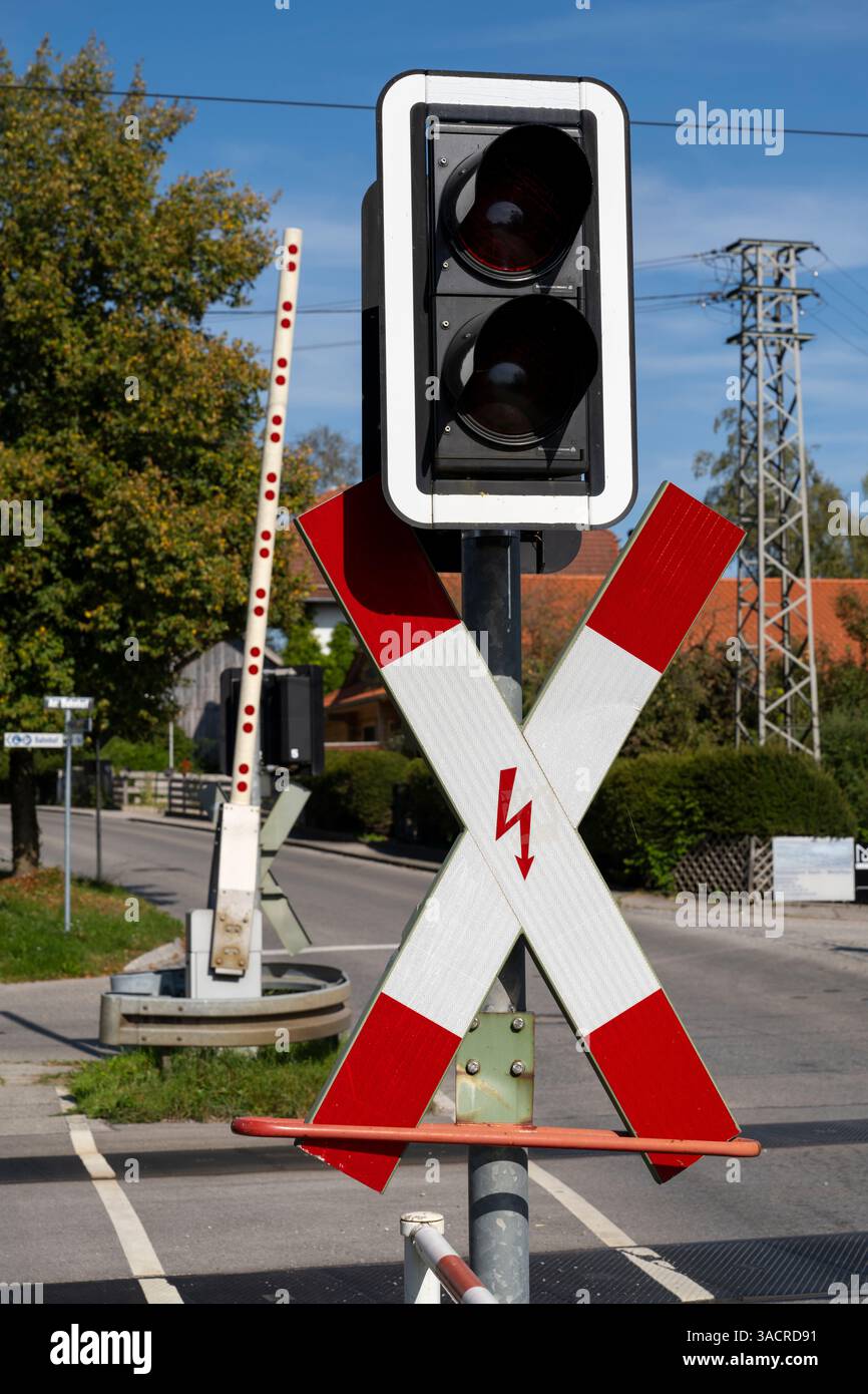 Germany, Bavaria, Upper Bavaria, Uffing, St. Andrew's cross and barrier ...