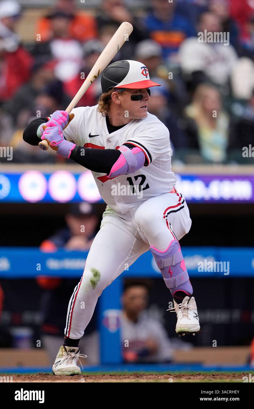 Minnesota Twins' Harrison Bader (12) bats during the eighth inning of a ...