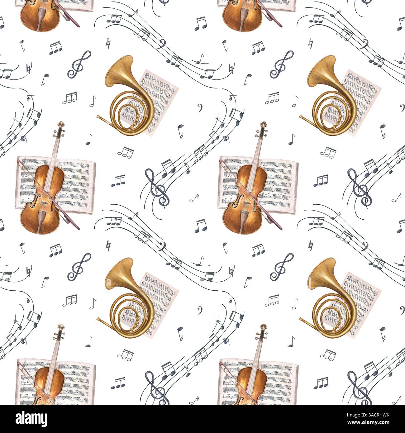 Watercolor violin with bow, French horn, open music notebook and ...