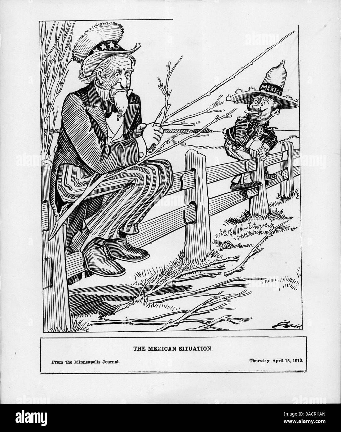 A cartoon depicting Uncle Sam and a Mexican figure, commenting on the U ...