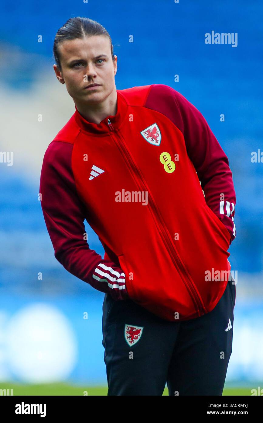 Cardiff, Wales, UK. 4th April, 2025. Hayley Ladd of Wales warms up ...