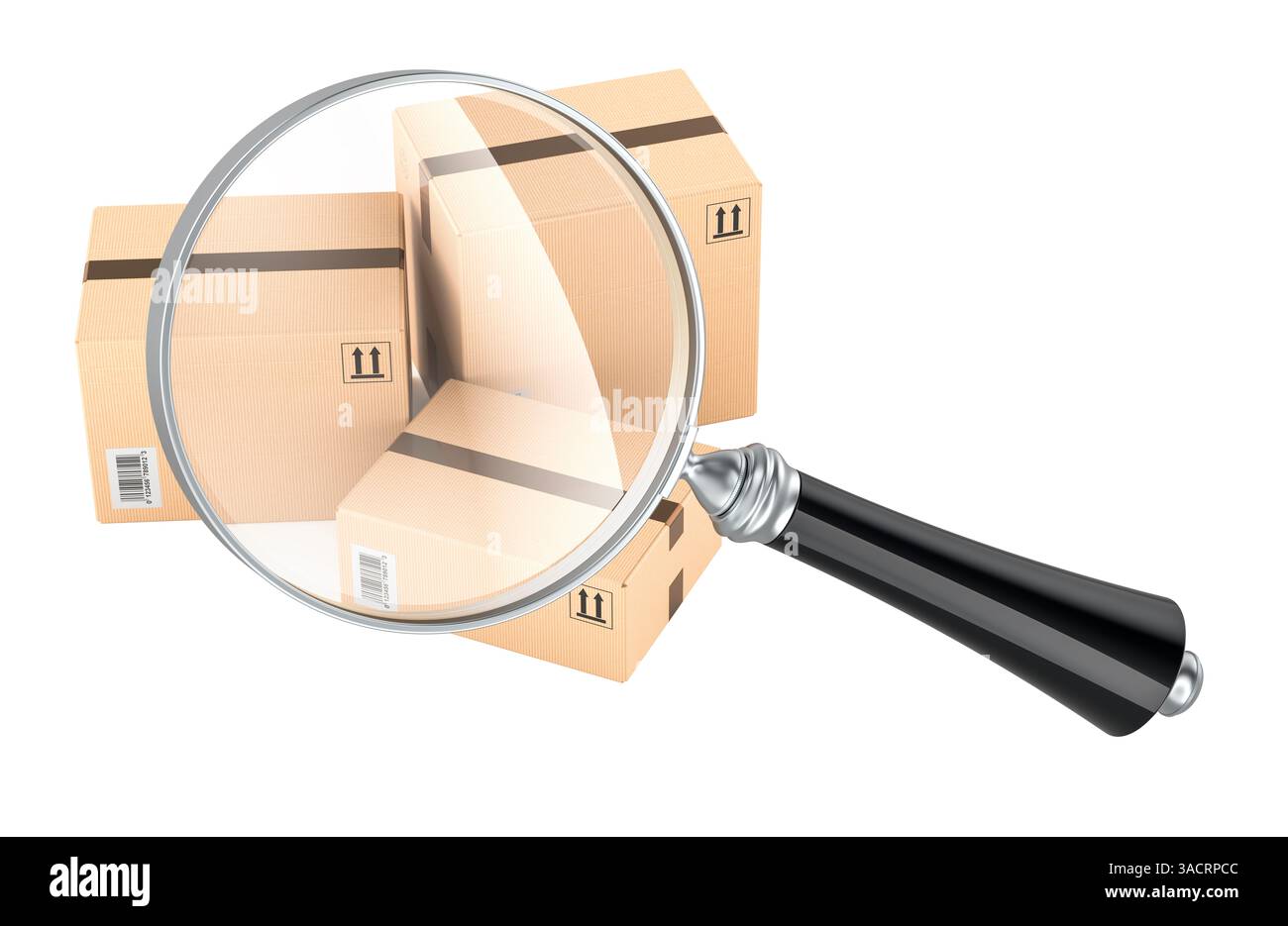 Parcels with magnifying glass, loupe. Parcel tracking, concept. 3D ...