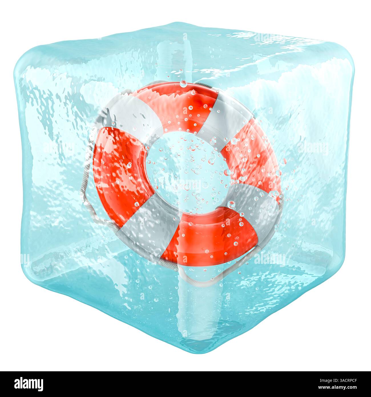 Lifebelt frozen in ice cube. Frozen help, concept. 3D rendering ...