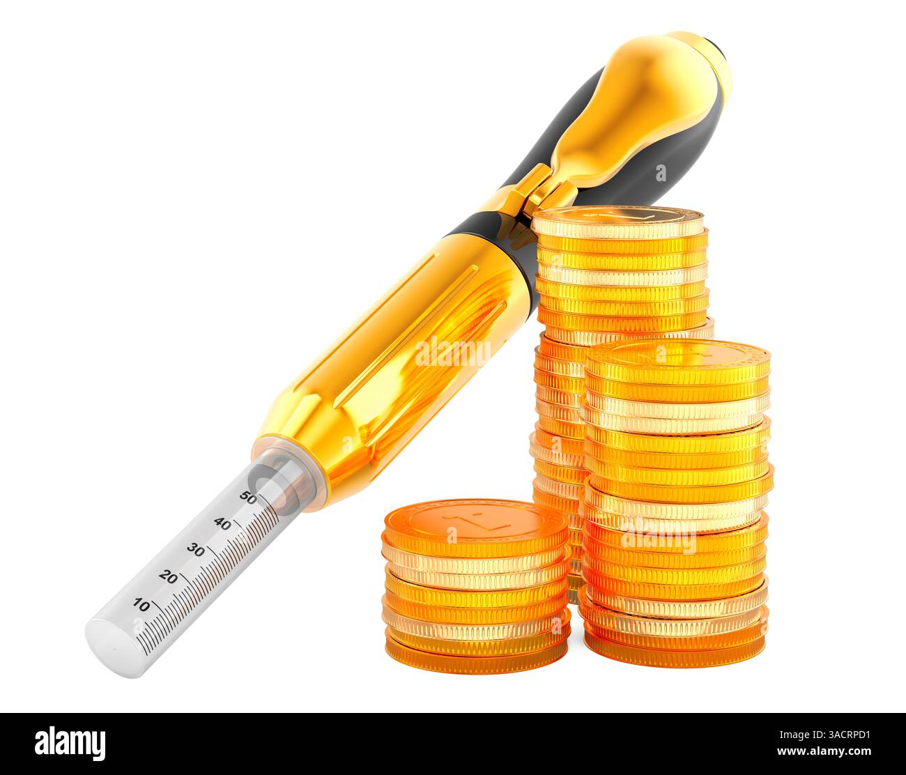 Hyaluronic pen with stacks of golden coins. 3D rendering isolated on ...