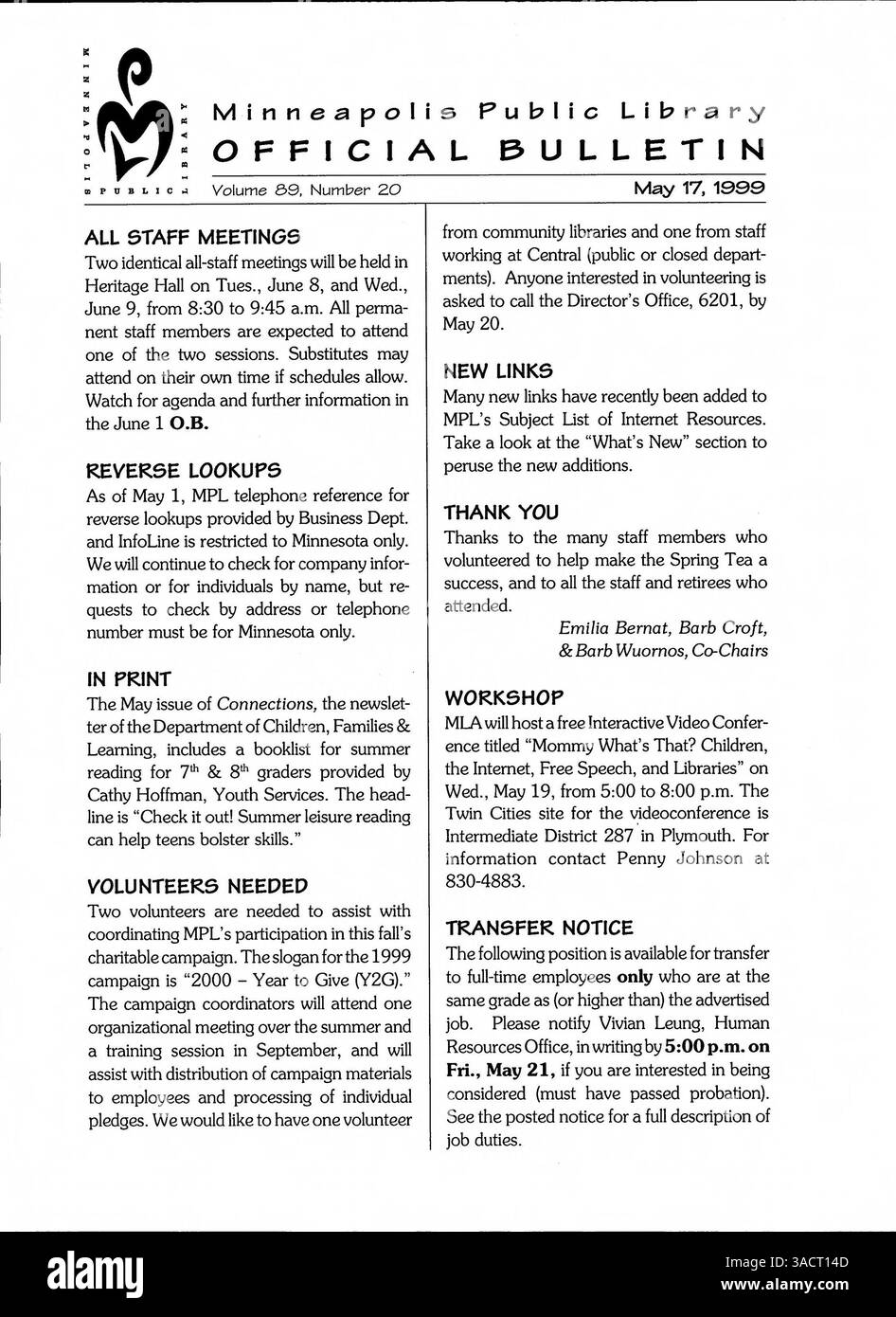 The 1999 Minneapolis Public Library Official Bulletin is a weekly ...