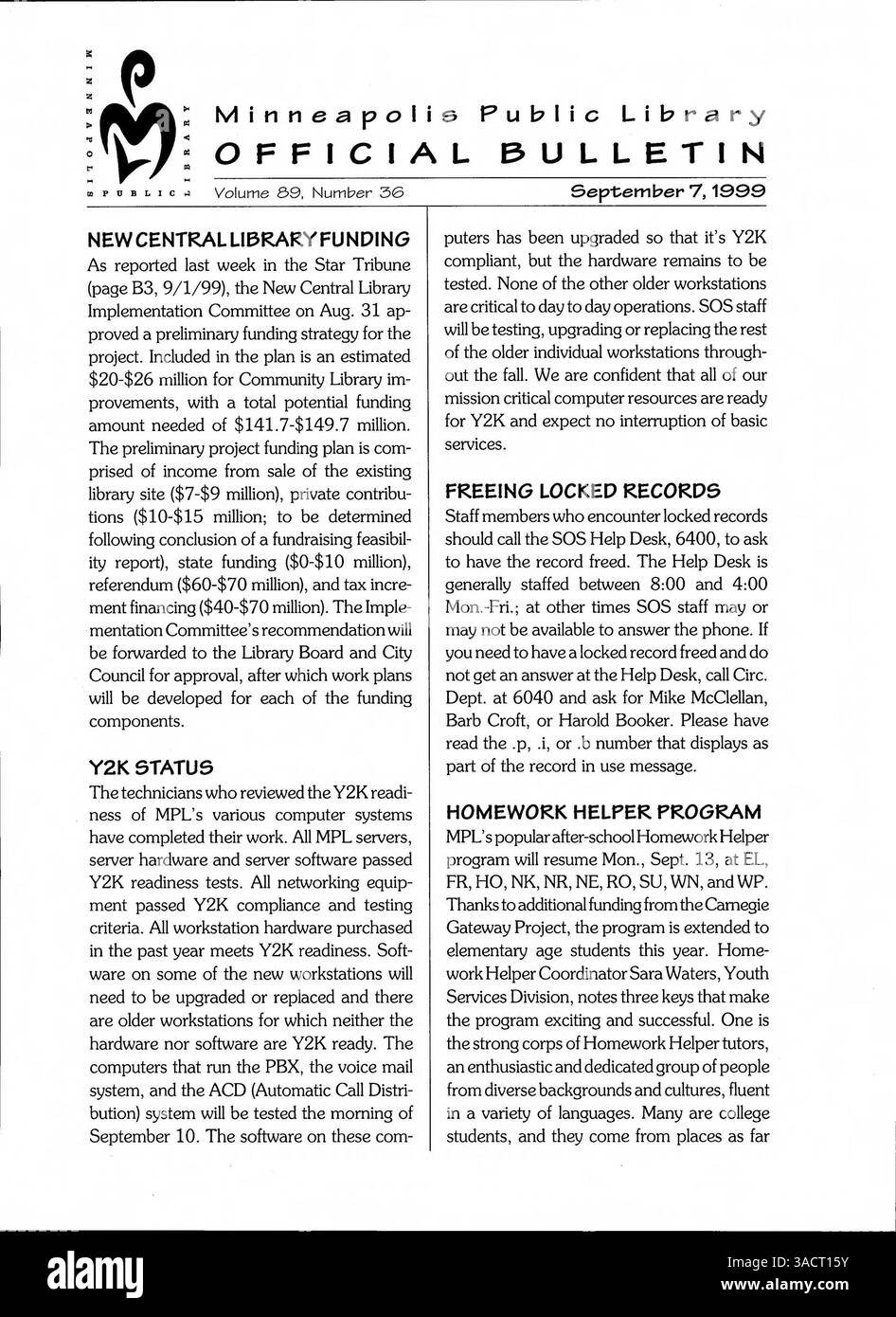 The Minneapolis Public Library Official Bulletin from 1999 is a weekly ...