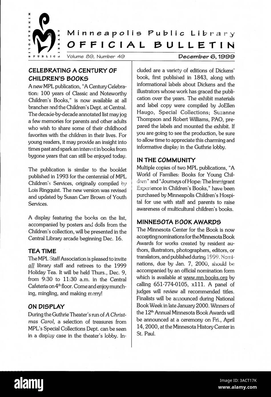 The 1999 Minneapolis Public Library Official Bulletin features updates ...