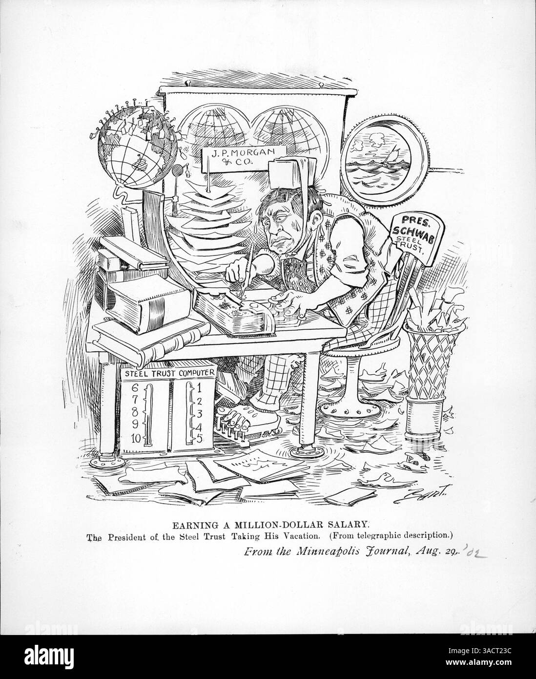 The President of the Steel Trust, Schwab, is depicted working while ...