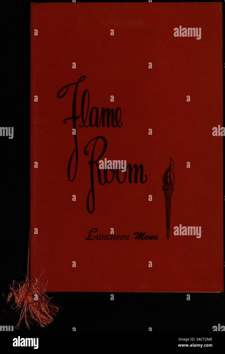The Flame Room Luncheon Menu features a red flocked paper cover with a ...