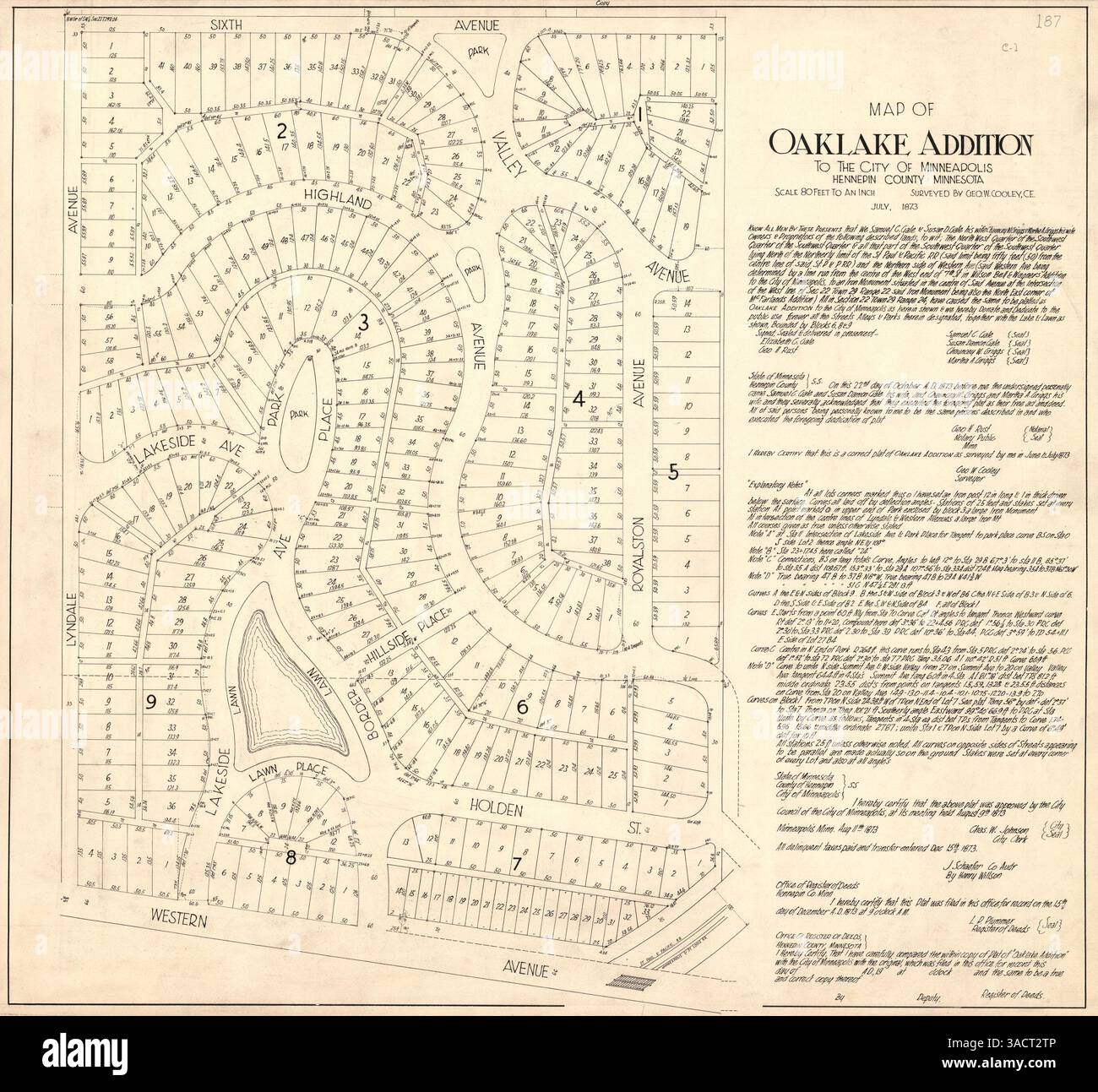 This map highlights the Oaklake Addition, a neighborhood in Minneapolis, showcasing its layout ...