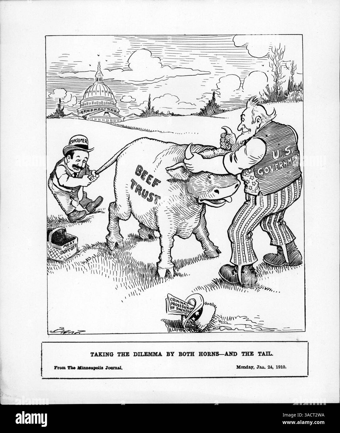 The cartoon depicts a consumer and Uncle Sam wrestling a bull ...