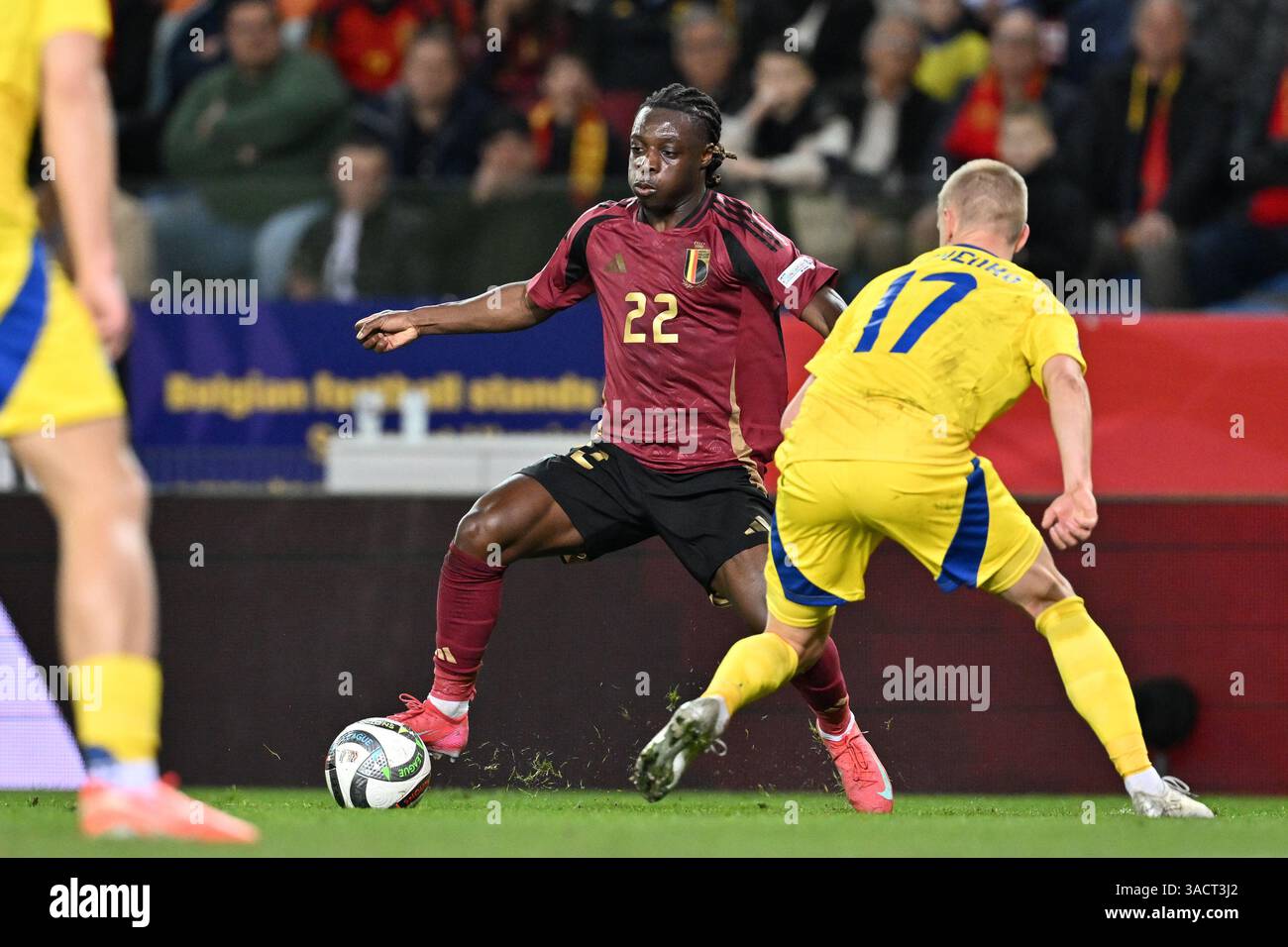 Genk, Belgium. 23rd Mar, 2025. Jeremy Doku (22) of Belgium pictured ...