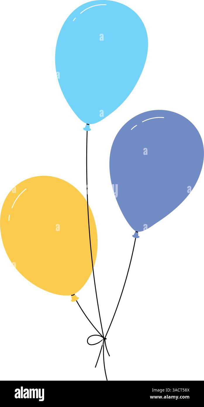 Bundle of balloons with strings, simple doodle outline, floating party ...