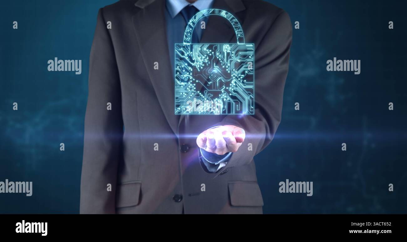 Holding digital lock hologram, businessman symbolizes cybersecurity and ...