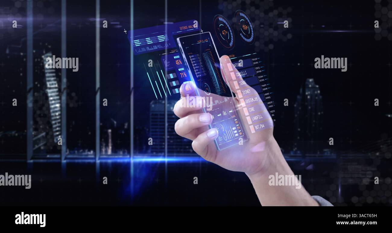 Hand holding futuristic transparent smartphone with digital interface ...