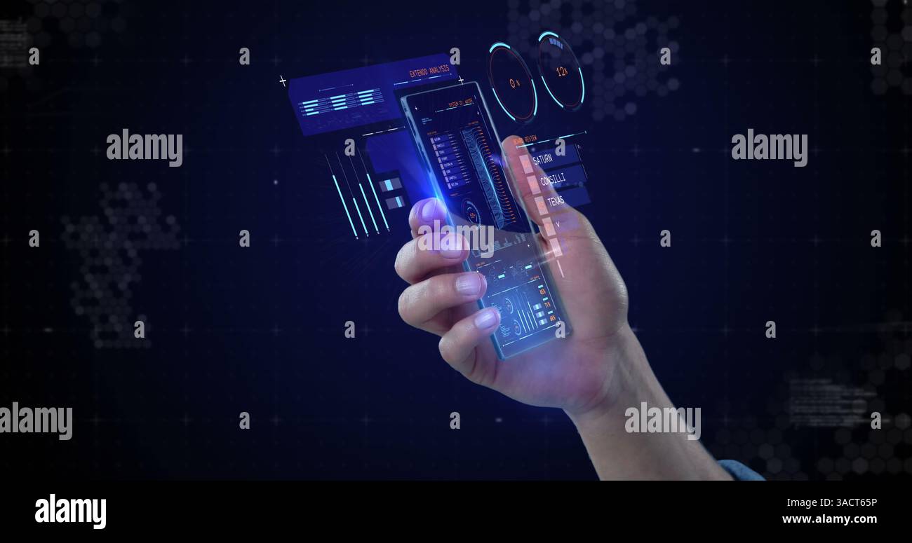 Interacting futuristic holographic smartphone hi-res stock photography ...