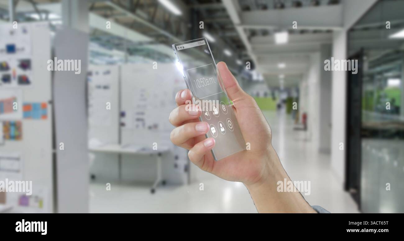 In office, person holding transparent smartphone, demonstrating ...