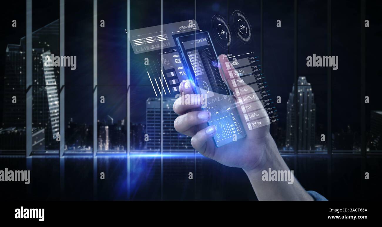 Person using futuristic smartphone with holographic display in modern ...