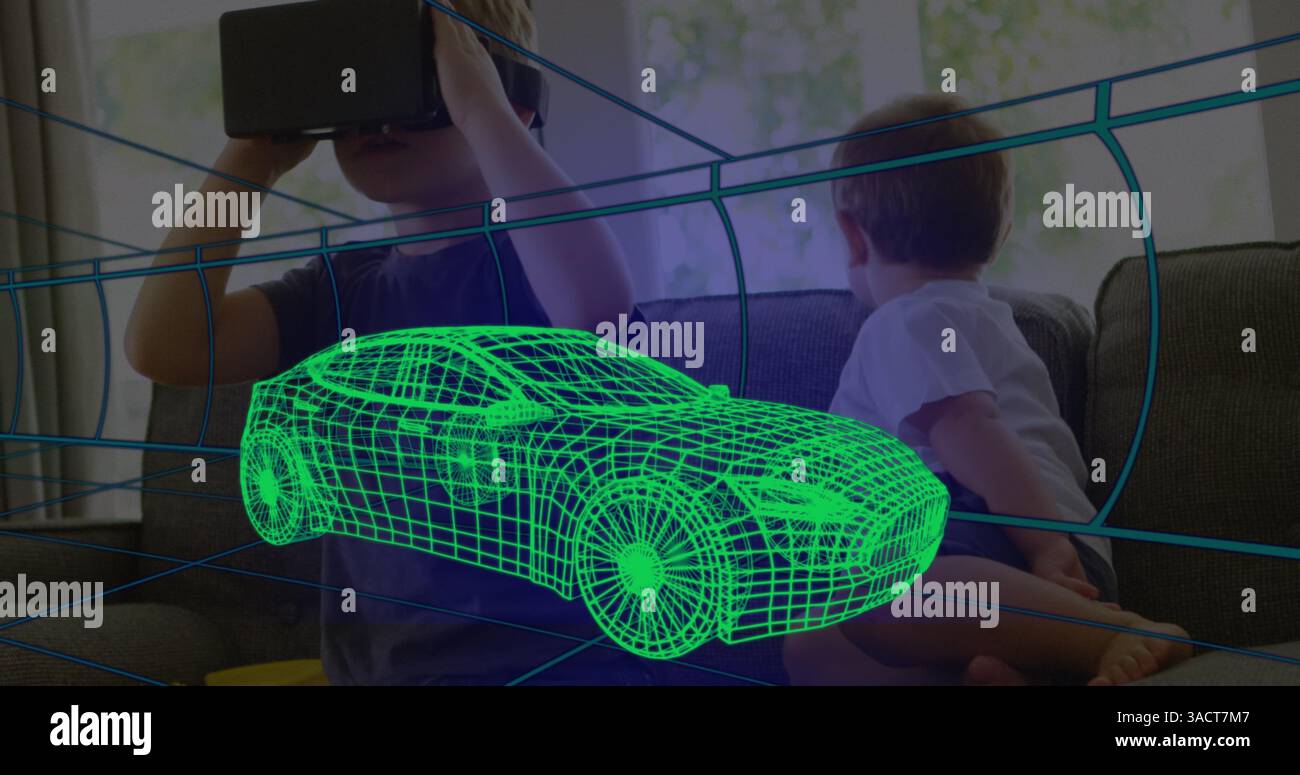 Image of 3d technical drawing of car, over boy at home wearing vr ...