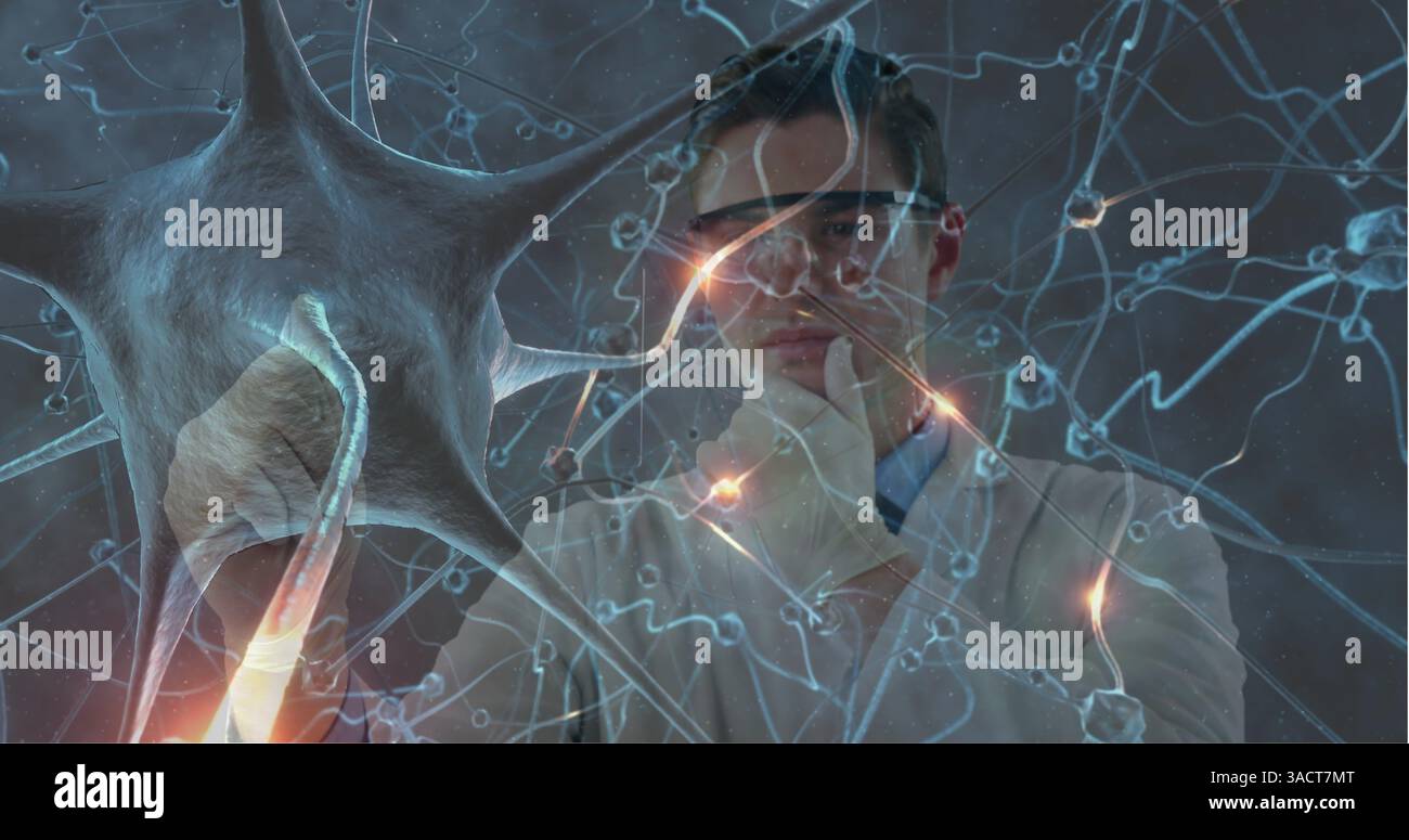 Analyzing neural connections, scientist wearing gloves focused on ...