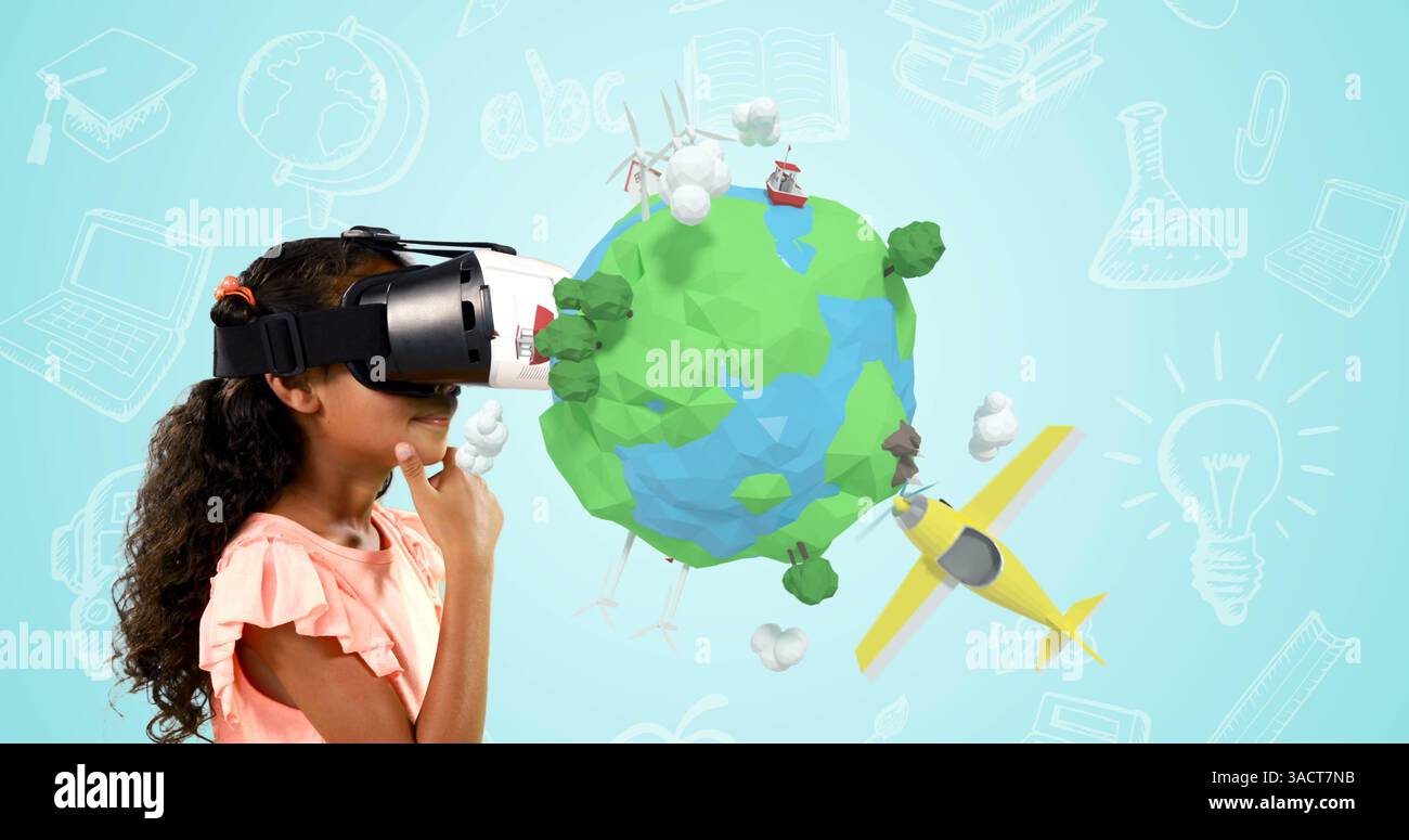 Child exploring virtual reality with VR headset, engaging with ...