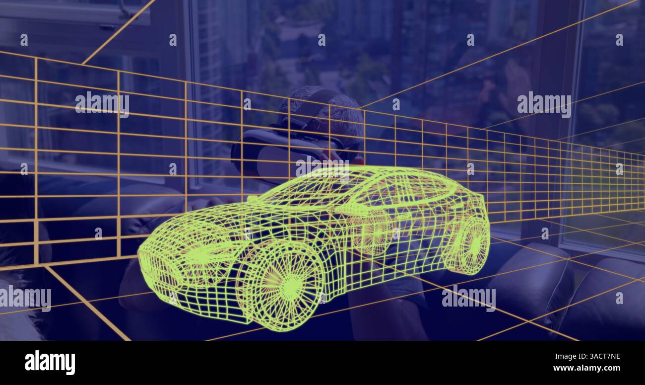 Image of 3d technical drawing of car, over man at home wearing vr ...