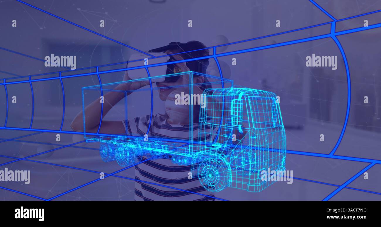 Image of 3d technical drawing of truck, over woman at home wearing vr ...
