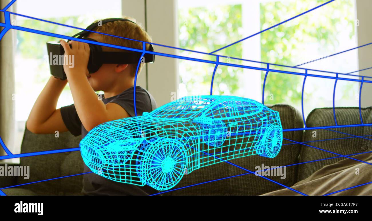 Image of 3d technical drawing of car, over boy at home wearing vr ...