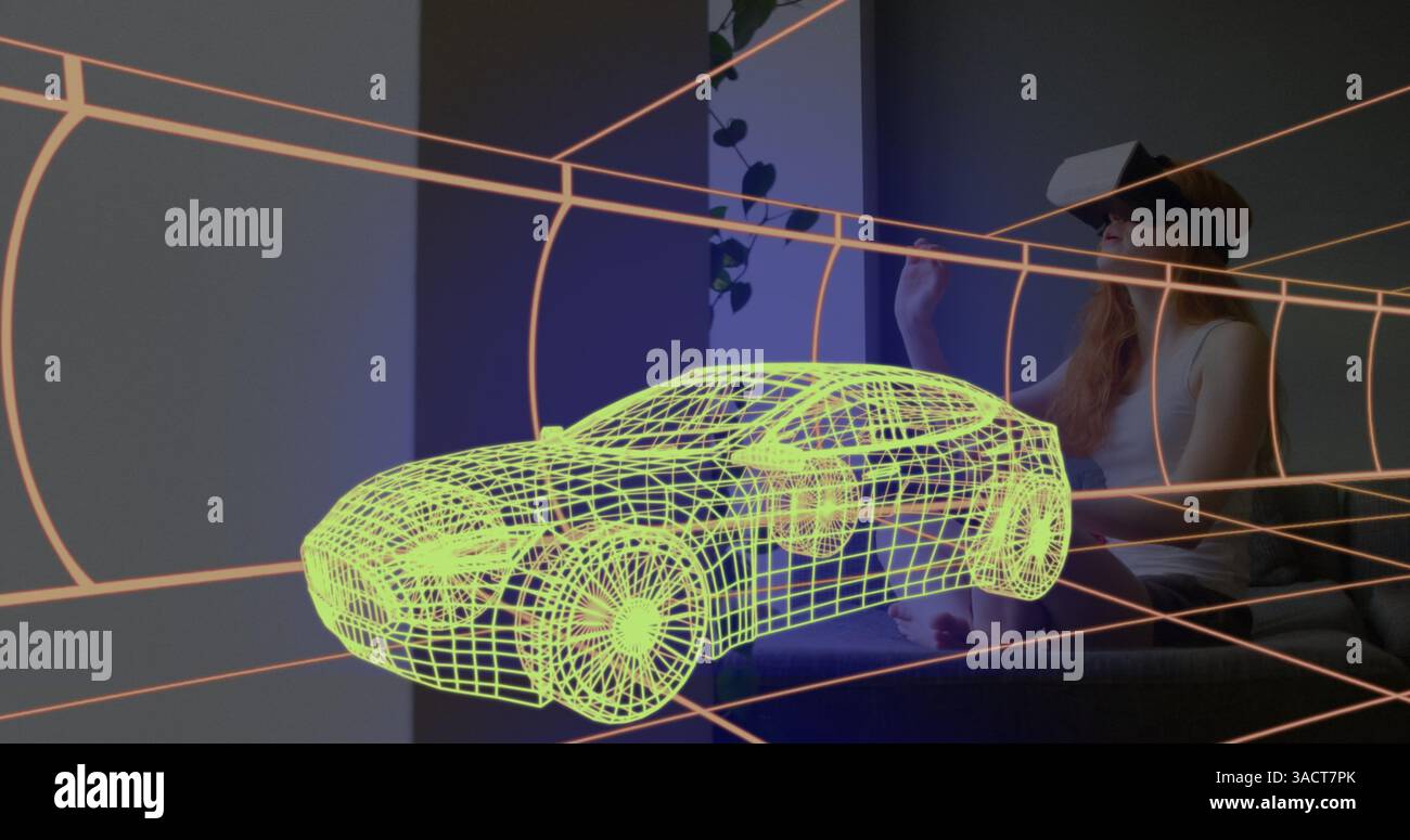 Image of 3d technical drawing of car, over woman at home wearing vr ...