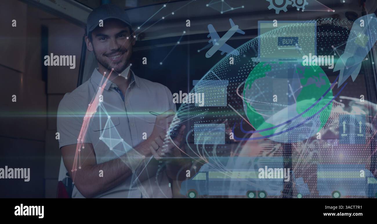 Exploring global technology concepts, man smiling and interacting with ...