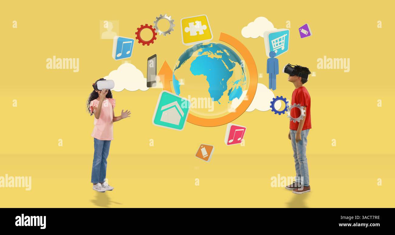 Children exploring virtual world using VR headsets, surrounded by ...