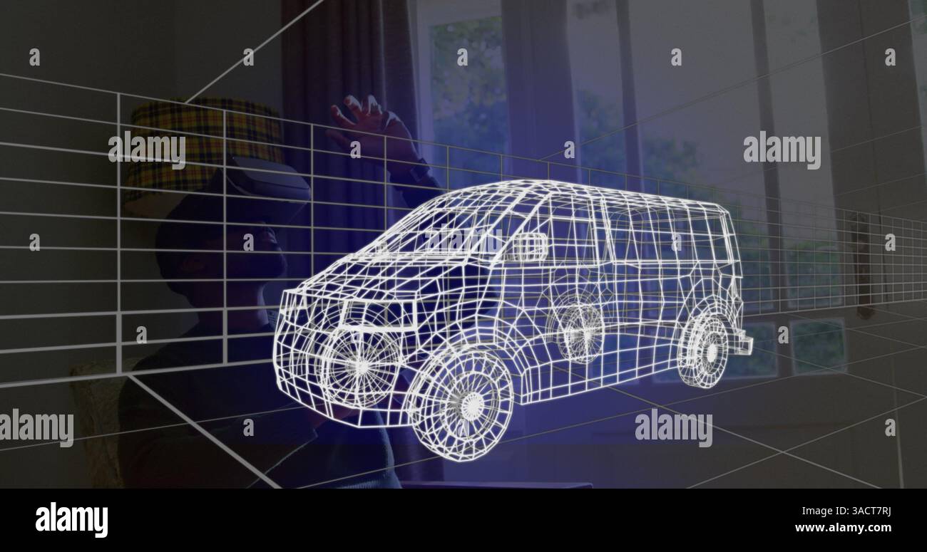 Image of 3d technical drawing of van, over man at home wearing vr ...